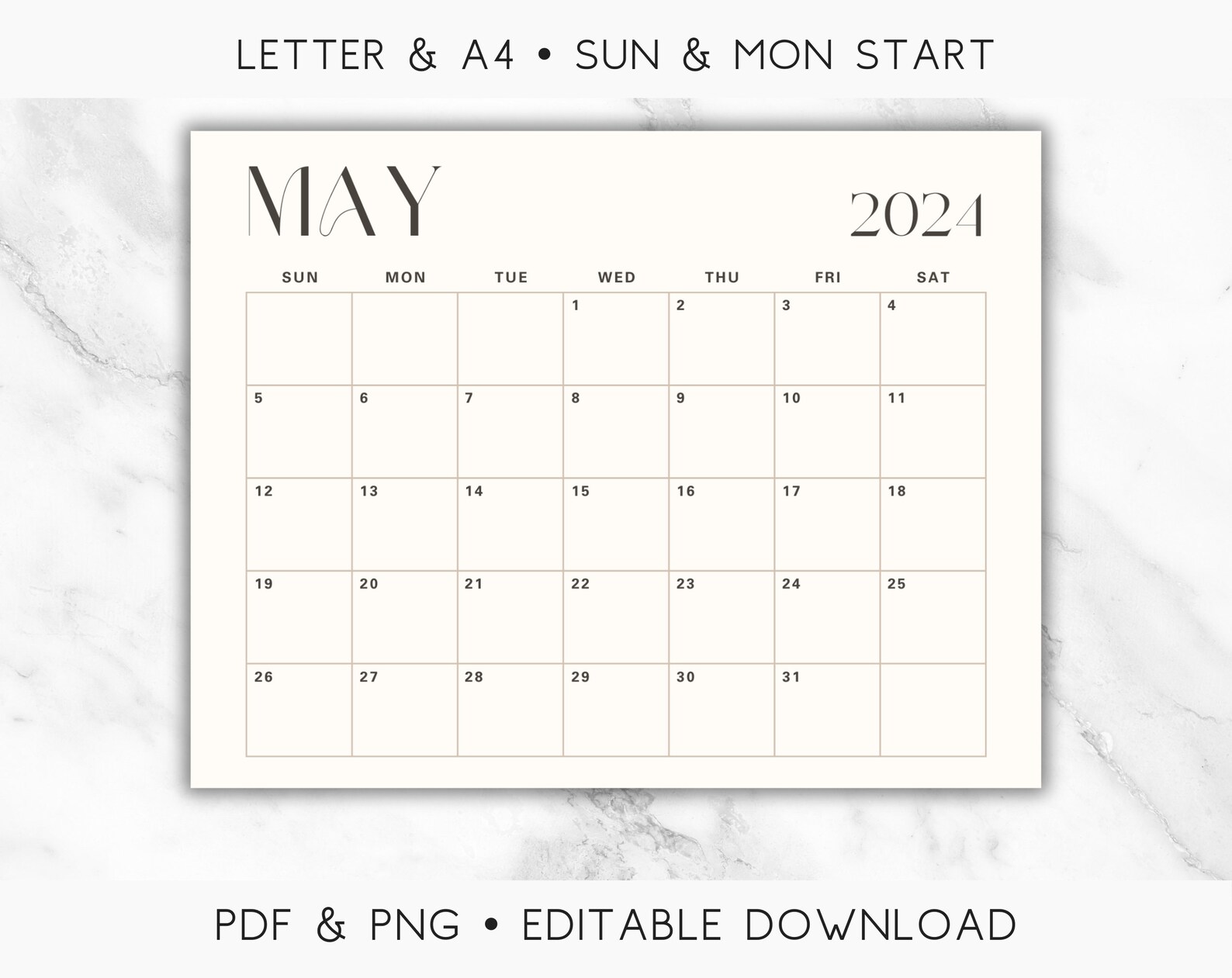 Editable May 2024 Calendar Printable, Simple Modern May 2024 Printable ...