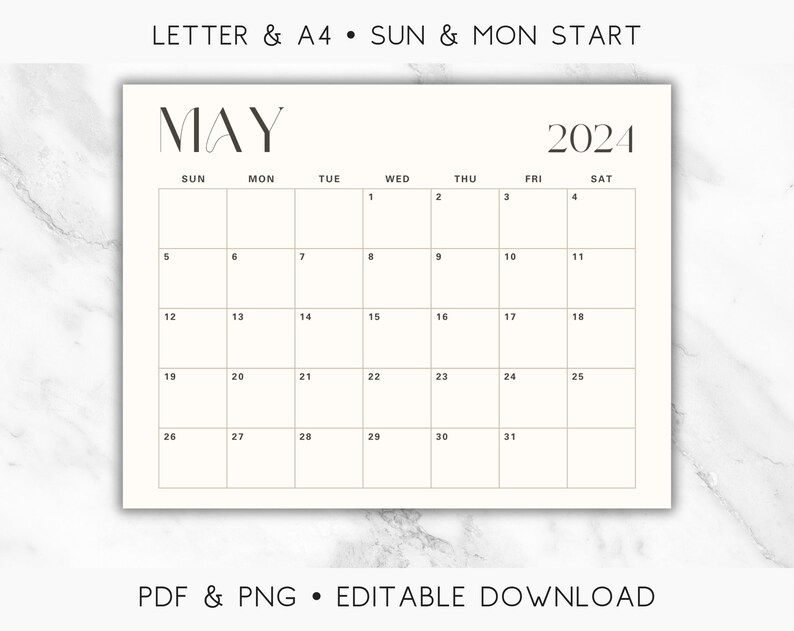 Editable May 2024 Calendar Printable, Simple Modern May 2024 Printable ...