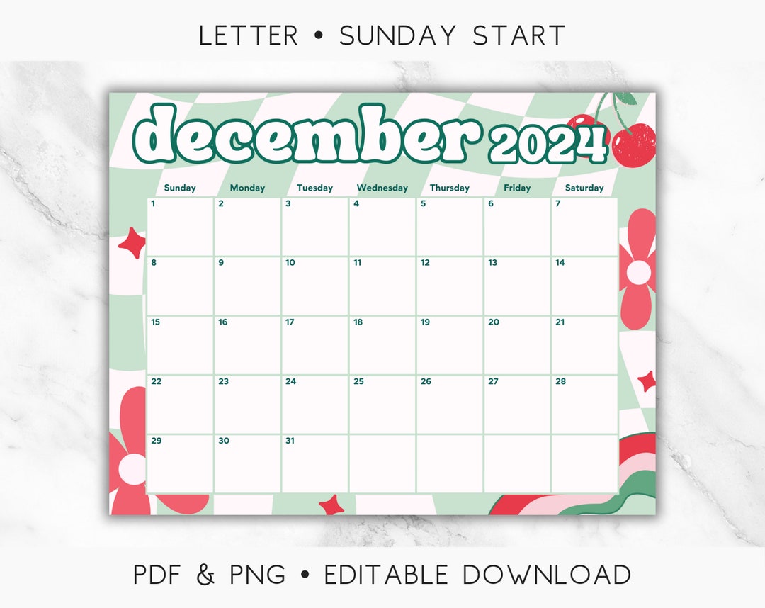 Editable December 2024 Calendar Printable, Retro December 2024 ...