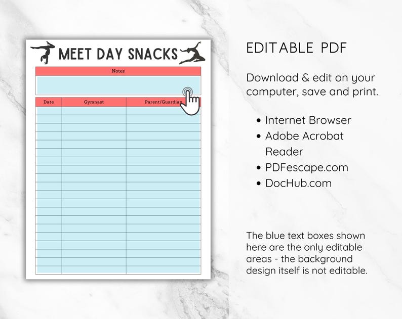 Editable Gymnastics Snack Sign up Sheet, Editable PDF & Google Doc ...