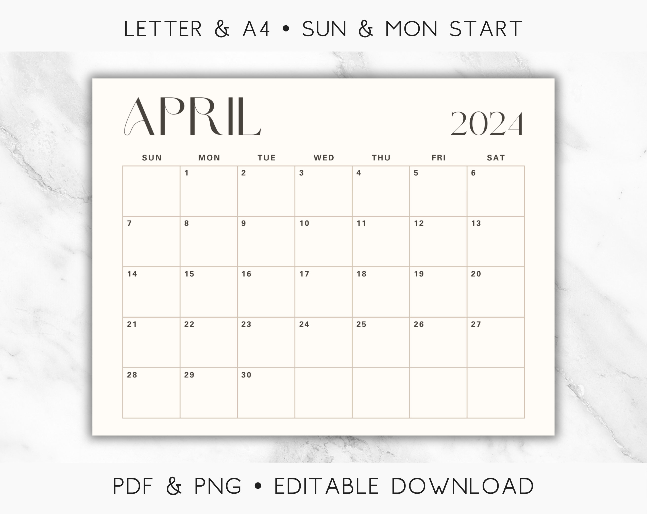 Editable April 2024 Calendar Printable, Simple Modern April 2024 ...