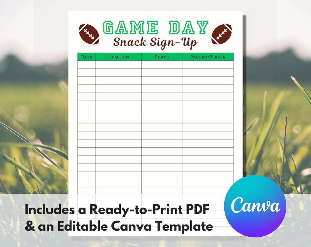 Football Snack Sign up Sheet, Editable Football Snack Sign up Sheet ...