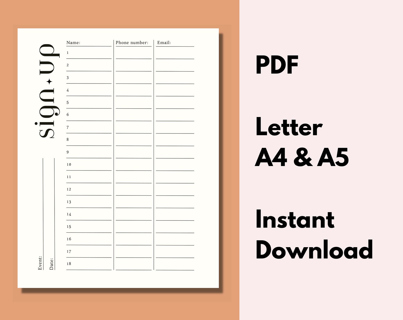Sign up Sheet Minimalist, Printable Sign up Sheet, Event Sign in Sheet ...