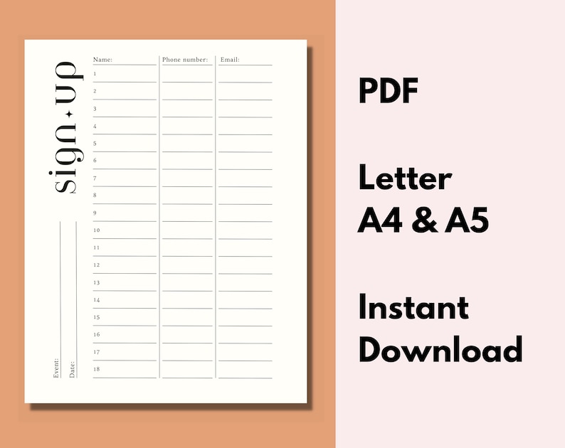 Sign up Sheet Minimalist, Printable Sign up Sheet, Event Sign in Sheet ...