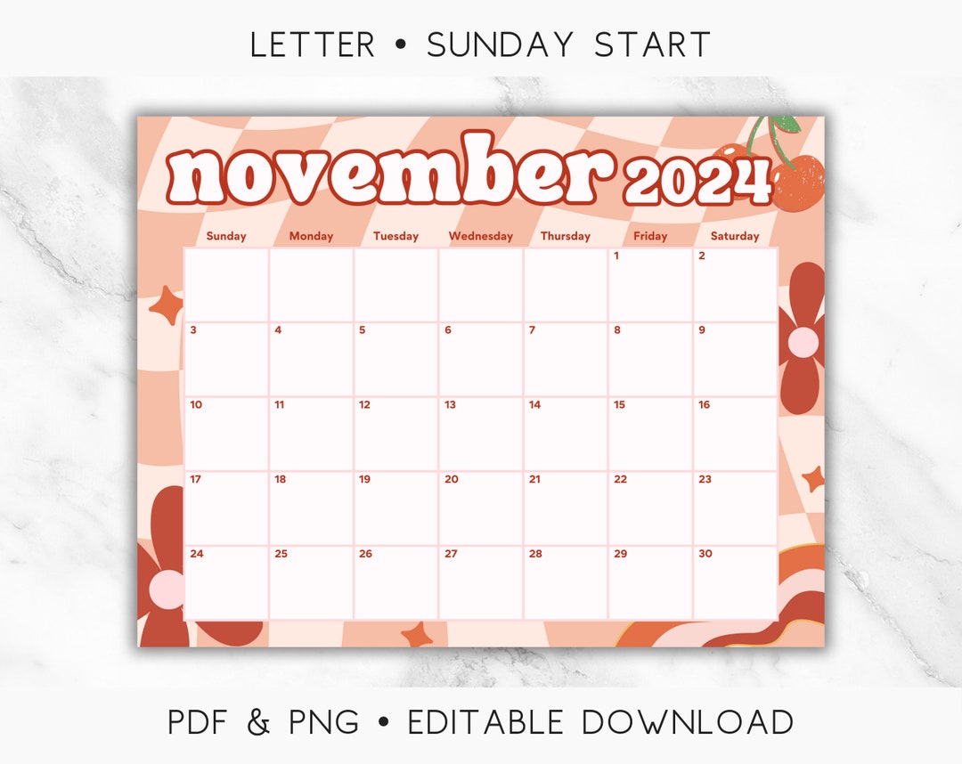 Editable November 2024 Calendar Printable, Retro November 2024 ...