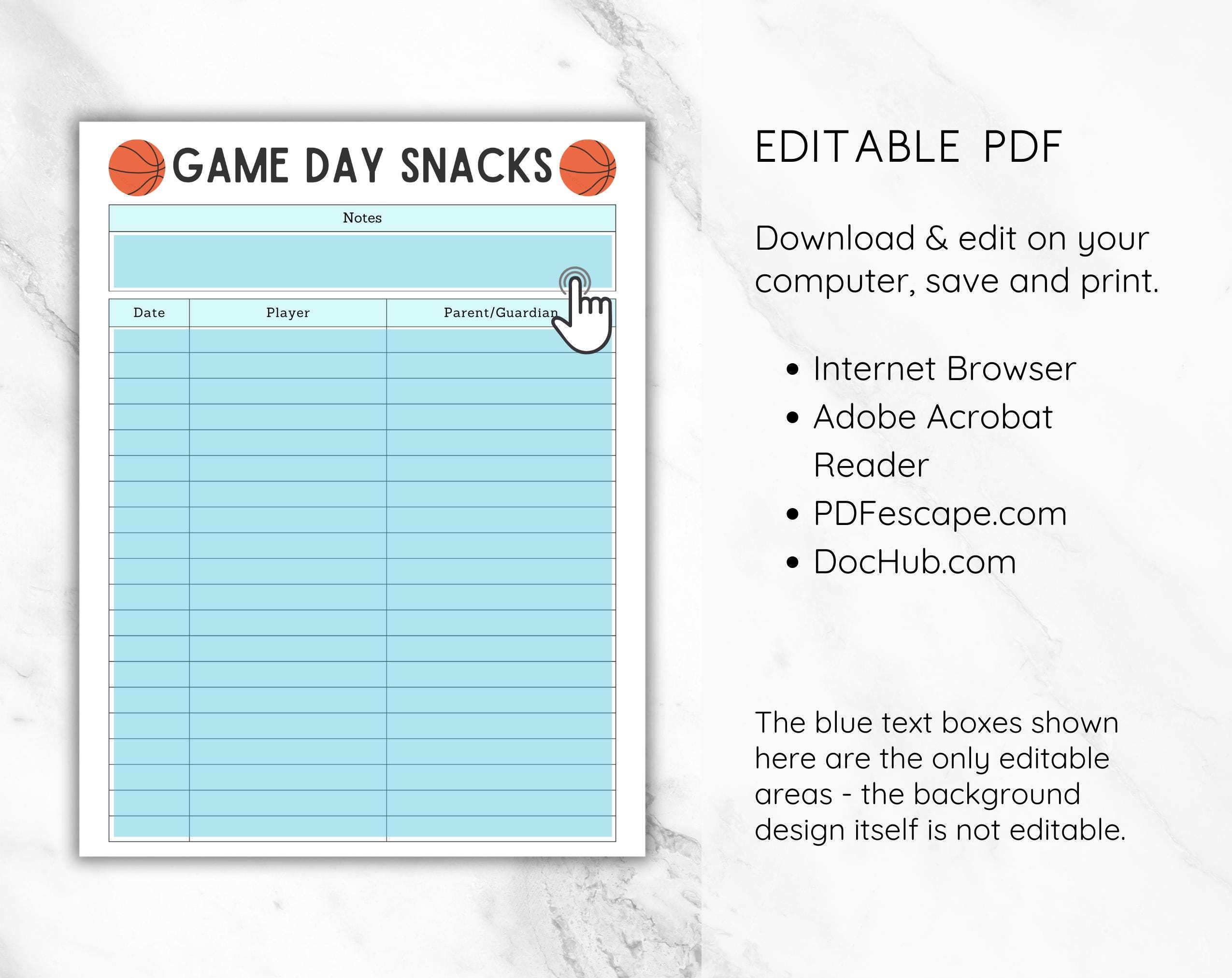 Editable Basketball Snack Sign up Sheet, Editable PDF & Google Doc ...
