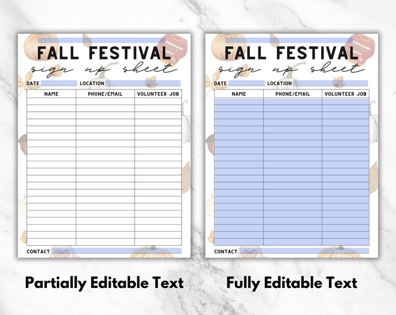 Editable Fall Festival Sign up Sheet, Printable Fall Festival Sign up ...