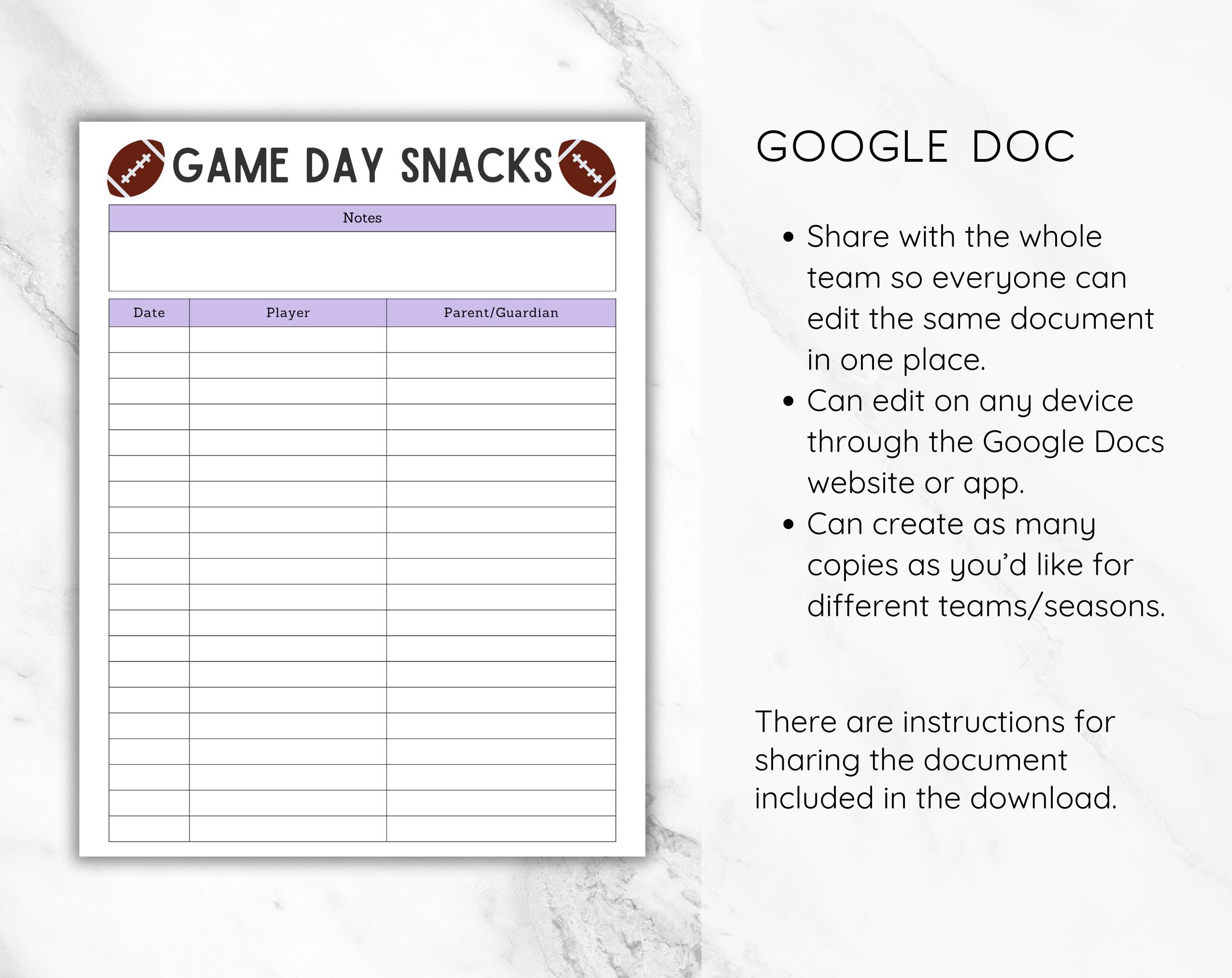 Editable Football Snack Sign up Sheet, Editable PDF & Google Doc, Game ...