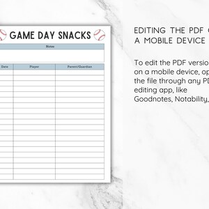 Editable Baseball Snack Sign up Sheet, Editable PDF & Google Doc, Game ...