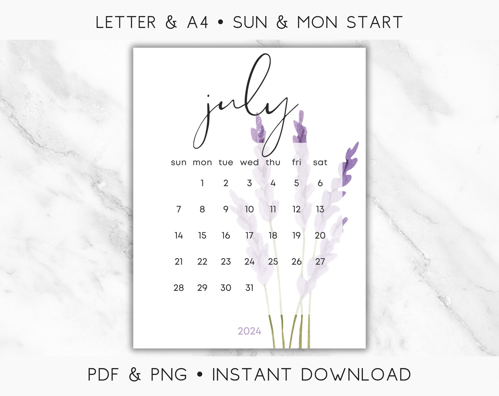 Floral July 2024 Calendar Printable, Watercolor Flowers July 2024 ...