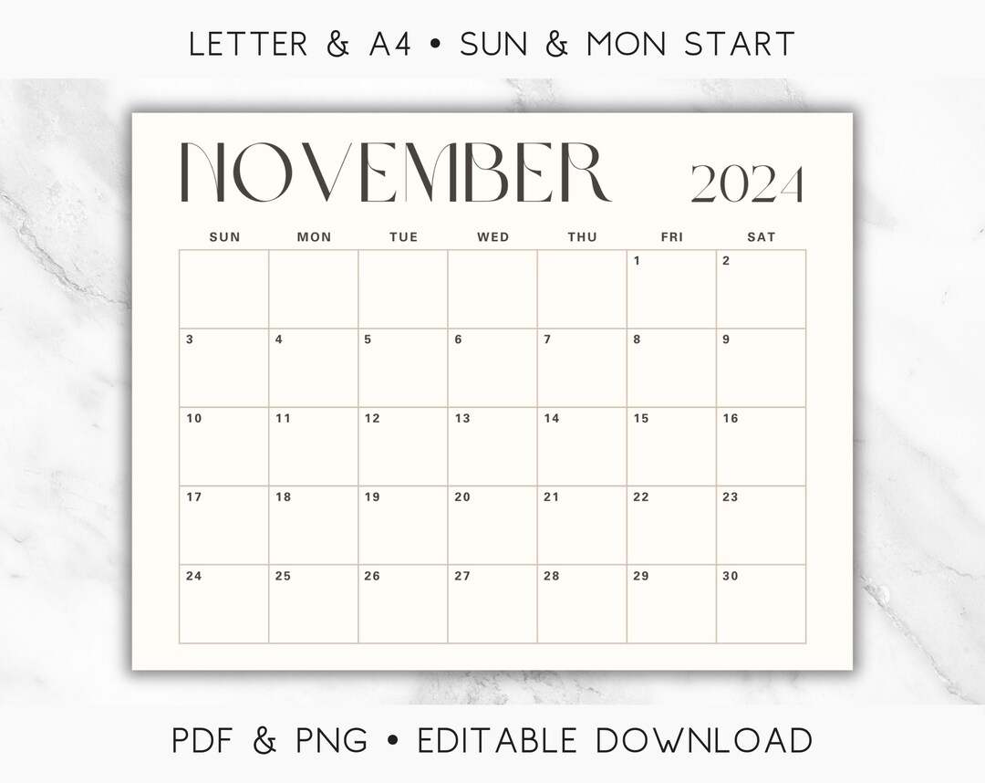 Editable November 2024 Calendar Printable, Simple Modern November 2024 ...