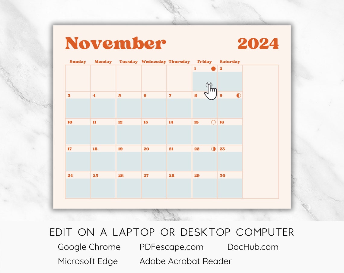 Editable November 2024 Calendar Printable With Moon Phases, Letter, A4 ...