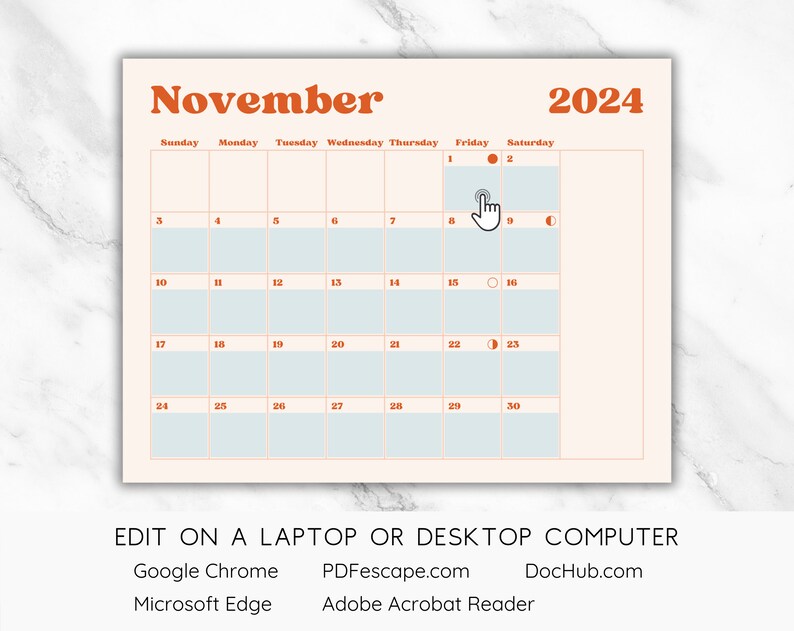 Editable November 2024 Calendar Printable With Moon Phases, Letter, A4 ...