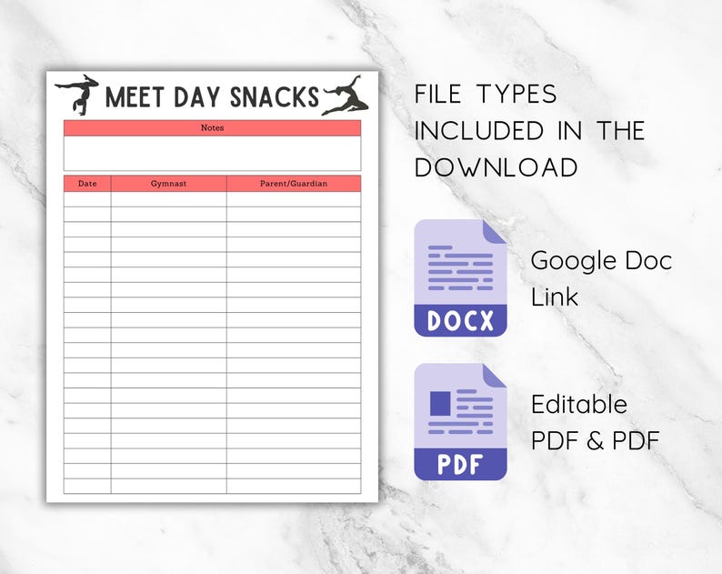 Editable Gymnastics Snack Sign up Sheet, Editable PDF & Google Doc ...