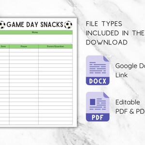 Editable Soccer Snack Sign up Sheet, Google Doc & Editable PDF, Game ...