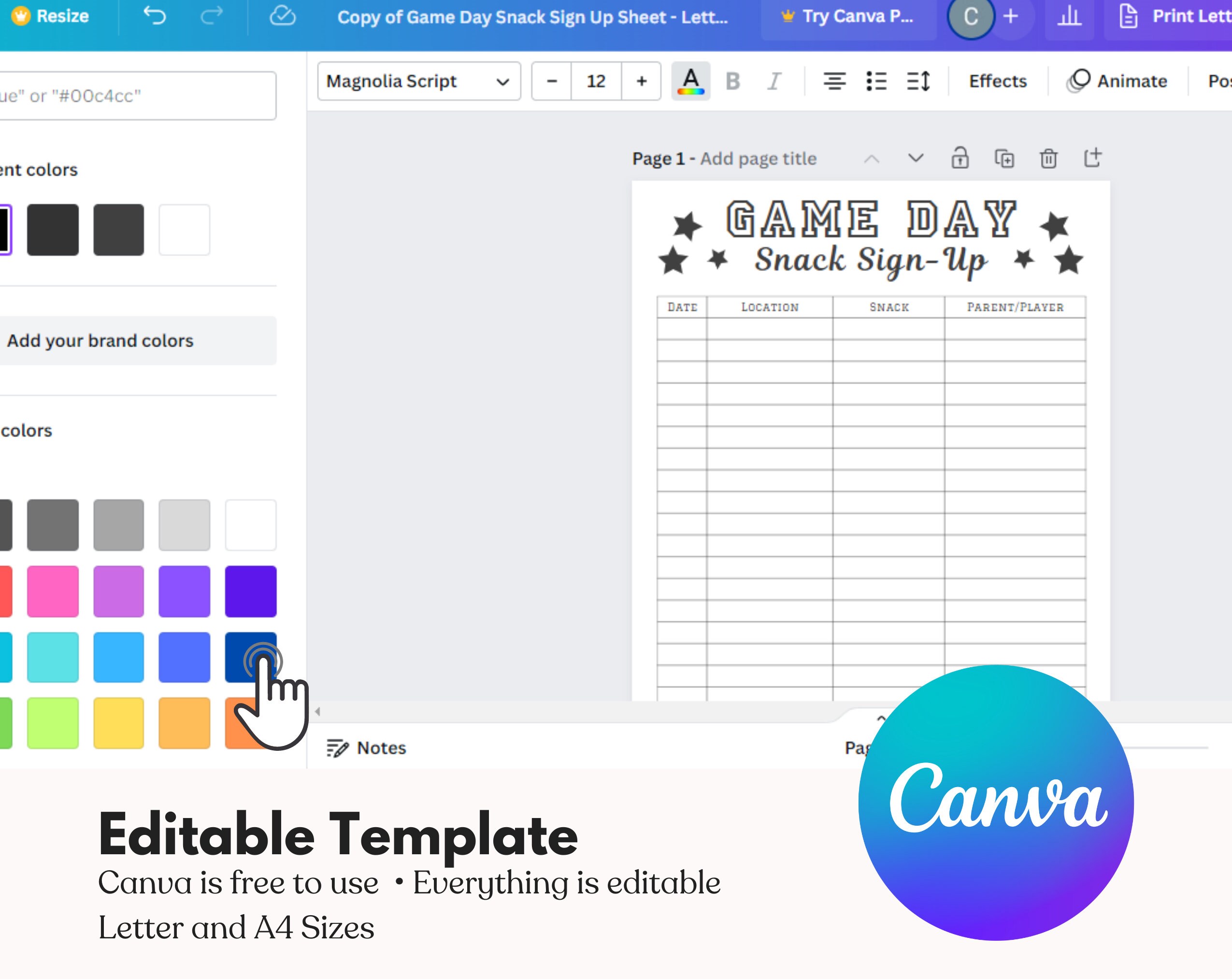 Editable Snack Sign up Sheet, Snack Sign up Sheet, Game Day Snack Sign ...