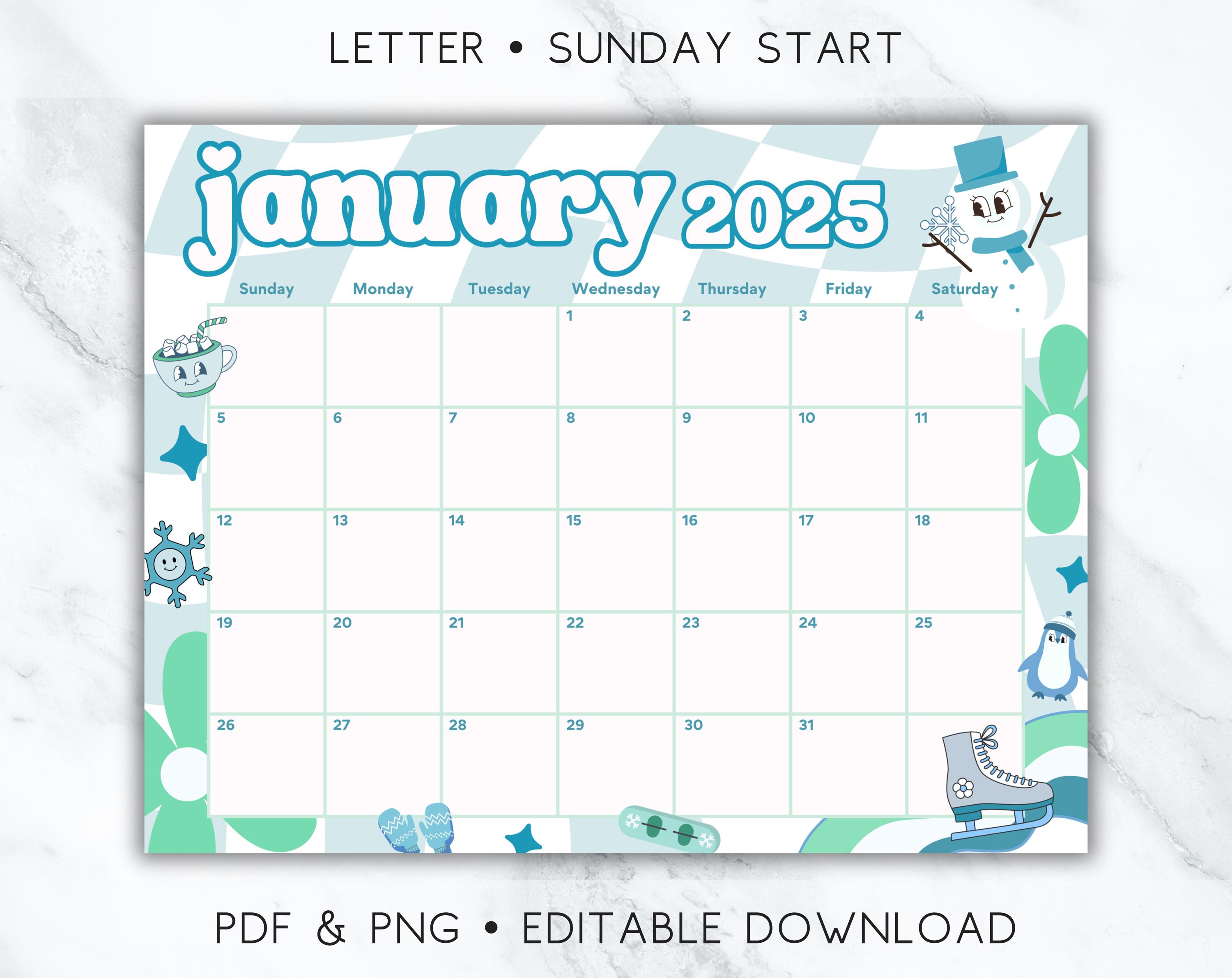 EDITABLE January 2025 Calendar Printable, Retro January 2025 Printable ...