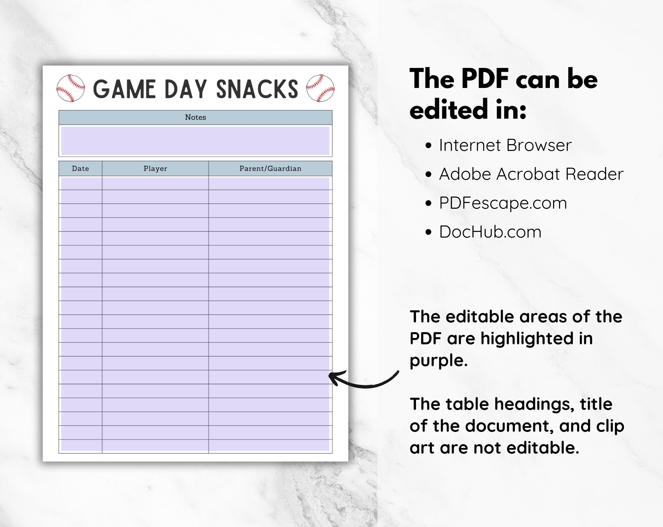 Editable Baseball Snack Sign up Sheet, Game Day Snack Sign up Sheet ...