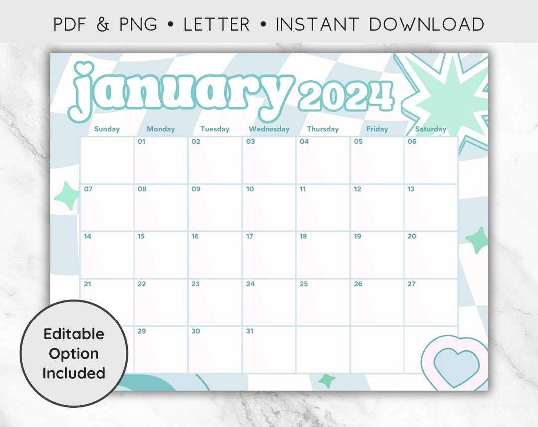 EDITABLE January 2024 Calendar Printable, Retro January 2024 Printable ...