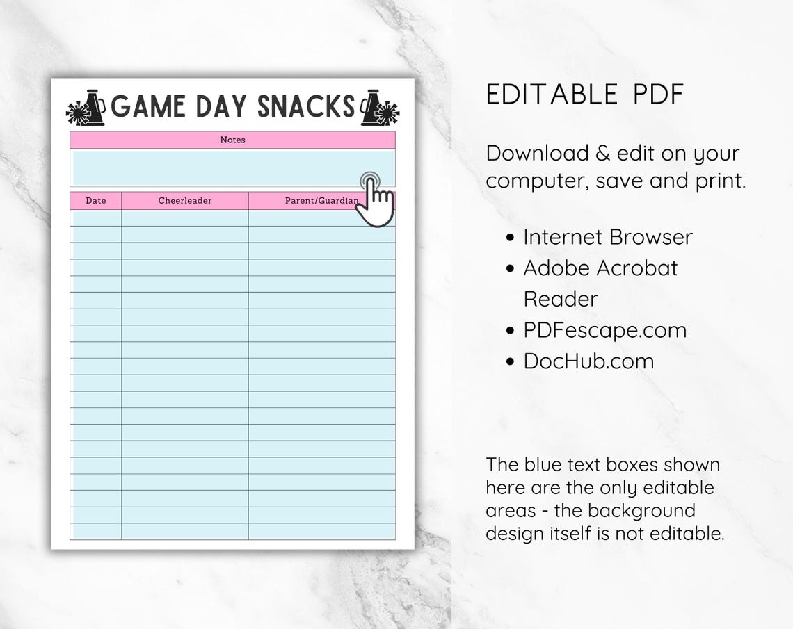 Editable Cheer Snack Sign up Sheet, Editable PDF & Google Doc, Game Day ...