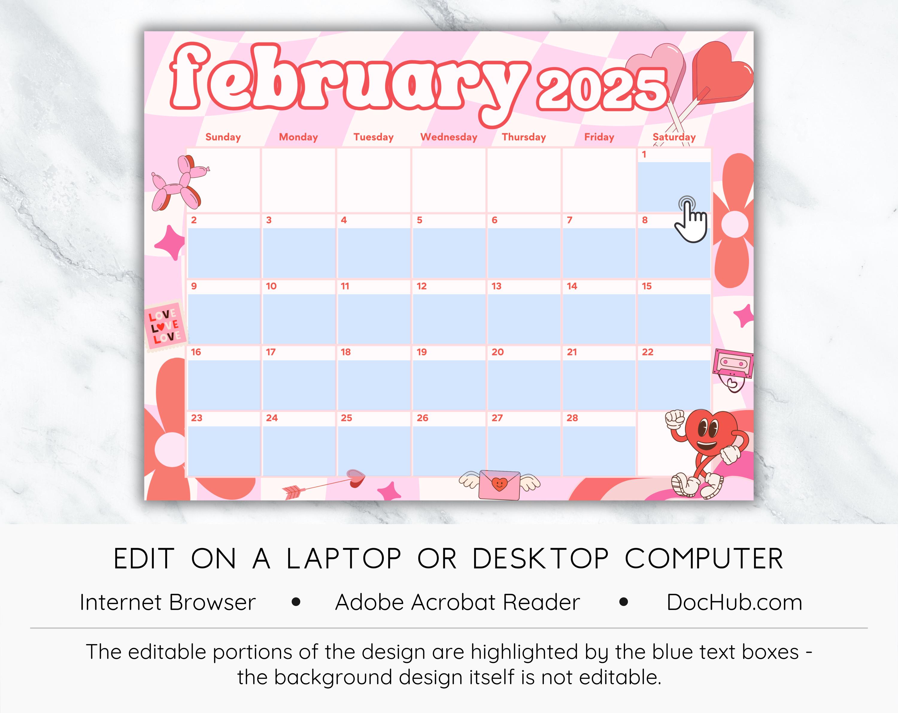 Editable February 2025 Calendar Printable, Retro February 2025 ...