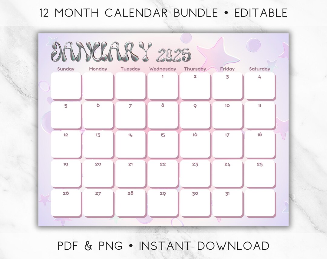 2025 Year Editable Calendar Printable, Y2K Calendar, Letter, A4 ...