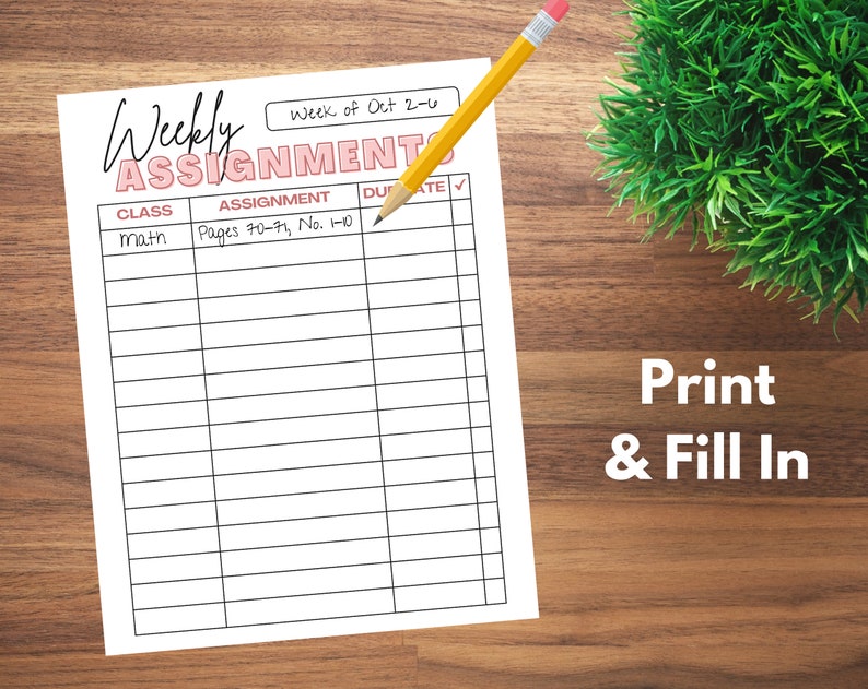 Printable Weekly Assignment Tracker Letter A4 Weekly - Etsy