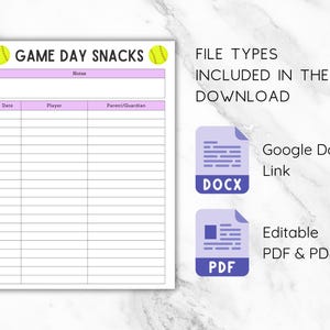 Editable Softball Snack Sign up Sheet, Editable PDF & Google Doc, Game ...