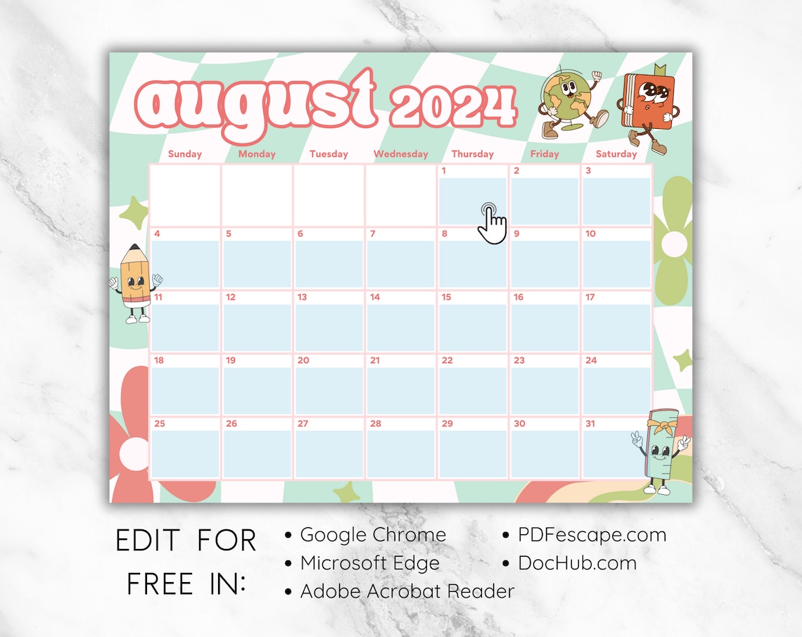 Editable August 2024 Calendar Printable, Retro August 2024 Printable ...