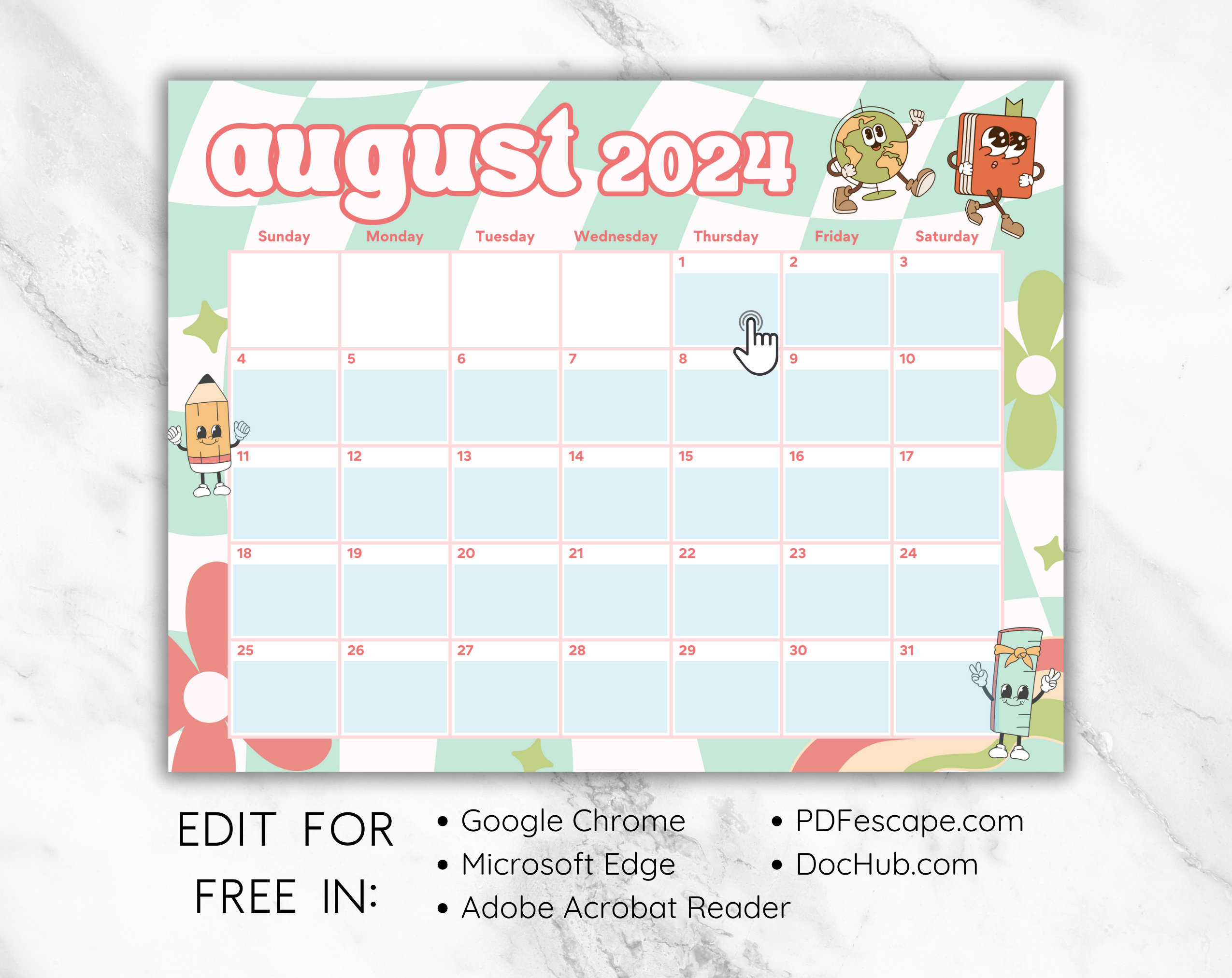 Editable August 2024 Calendar Printable, Retro August 2024 Printable ...