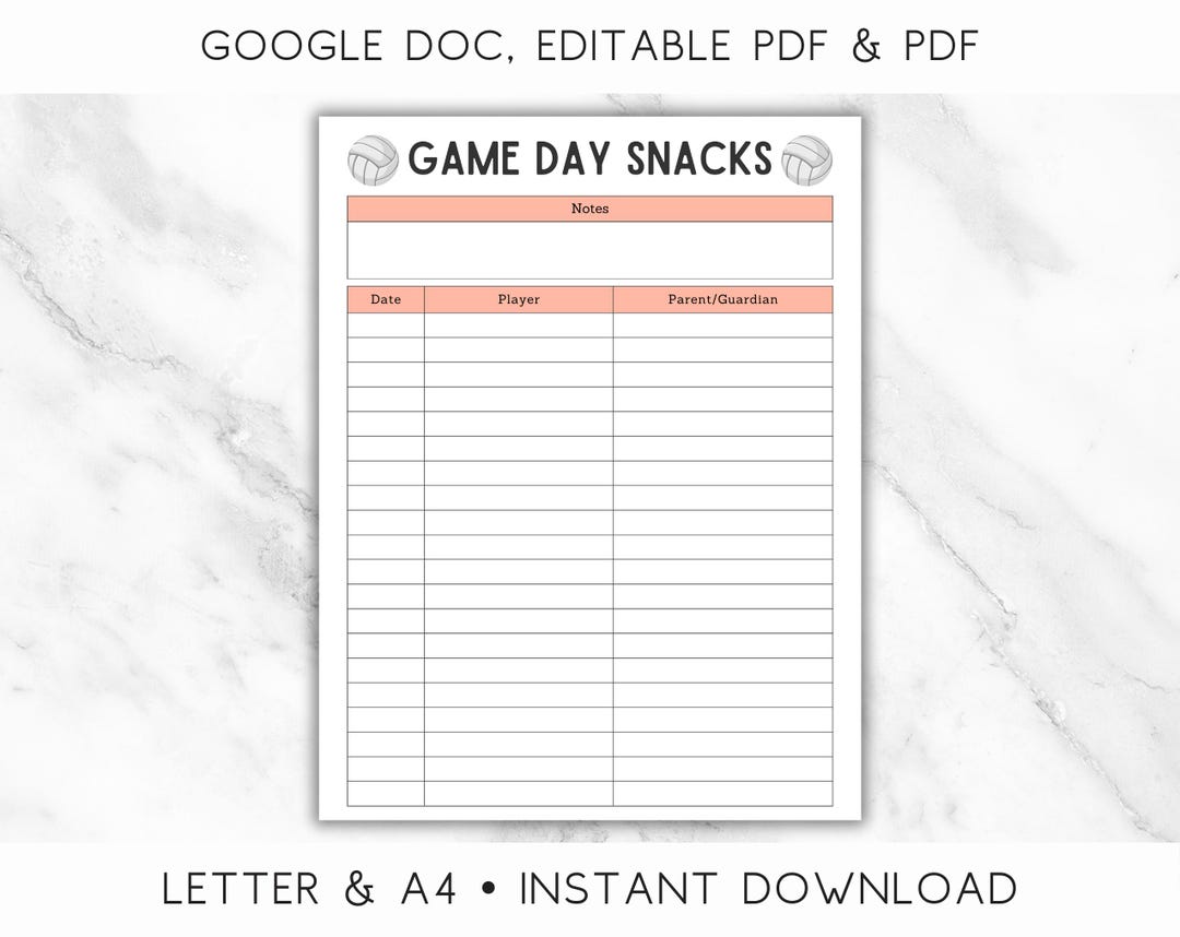 Editable Volleyball Snack Sign up Sheet, Editable PDF & Google Doc ...