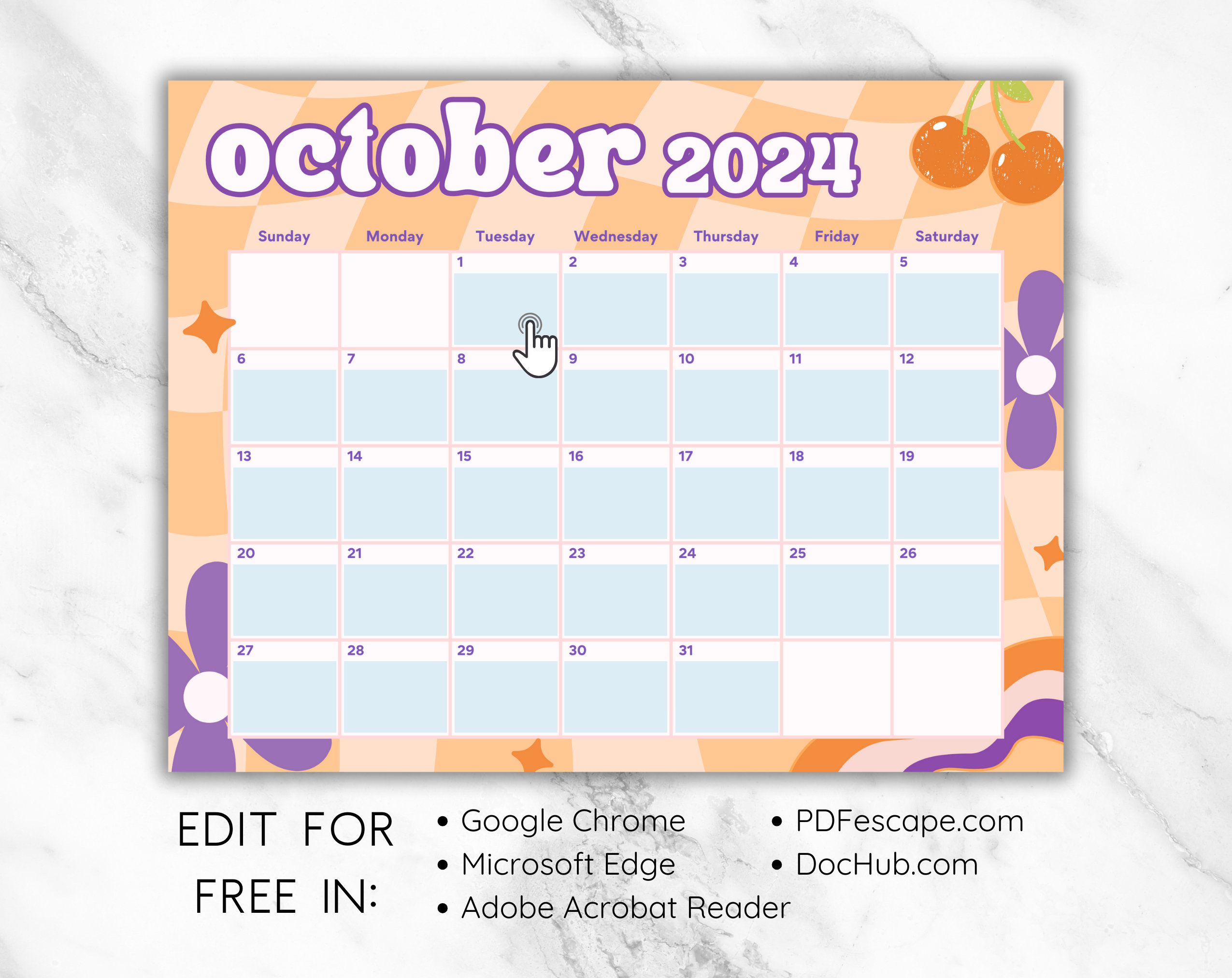 Editable October 2024 Calendar Printable, Retro October 2024 Printable ...