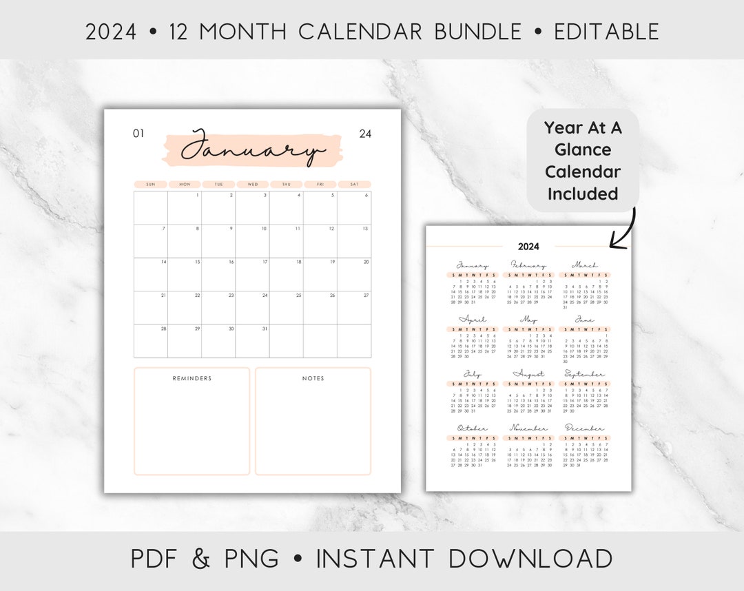 Editable 2024 Monthly Calendar Printable, Preppy 2024 Printable ...