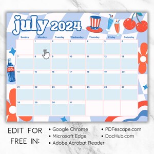 Editable July 2024 Calendar Printable, Retro July 2024 Printable ...