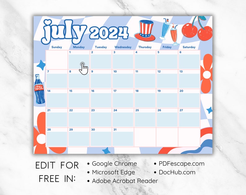 Editable July 2024 Calendar Printable, Retro July 2024 Printable ...