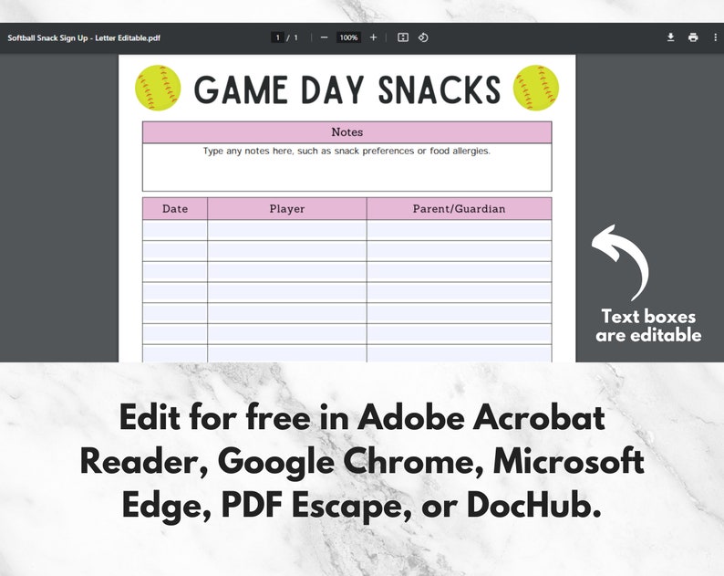 Editable Softball Snack Sign up Sheet Game Day Snack Sign up - Etsy