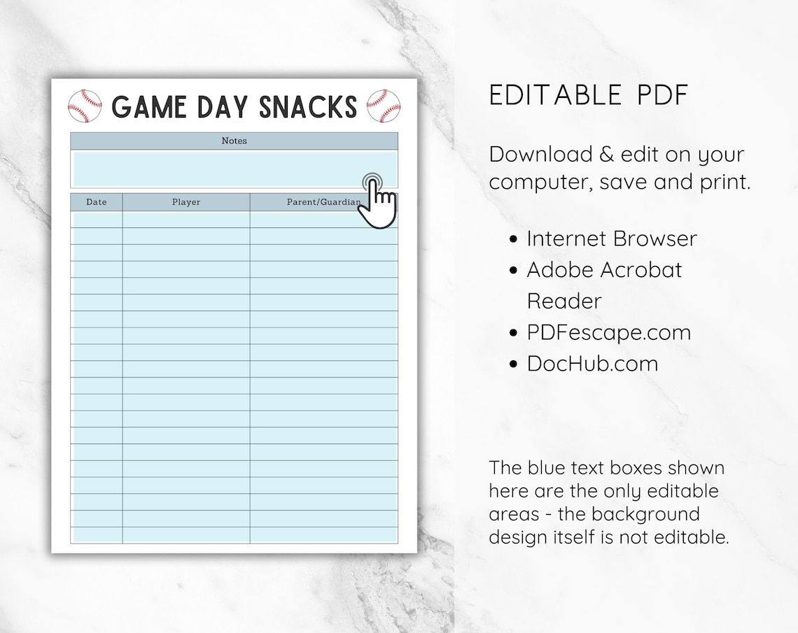 Editable Baseball Snack Sign up Sheet, Editable PDF & Google Doc, Game ...