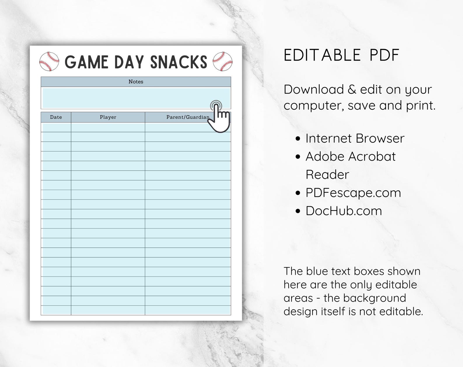 Editable Baseball Snack Sign up Sheet, Editable PDF & Google Doc, Game ...