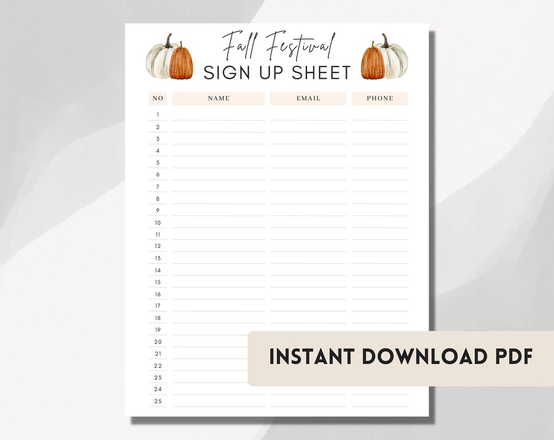 Fall Festival Sign up Sheet, Printable Fall Festival Sign up Sheet ...