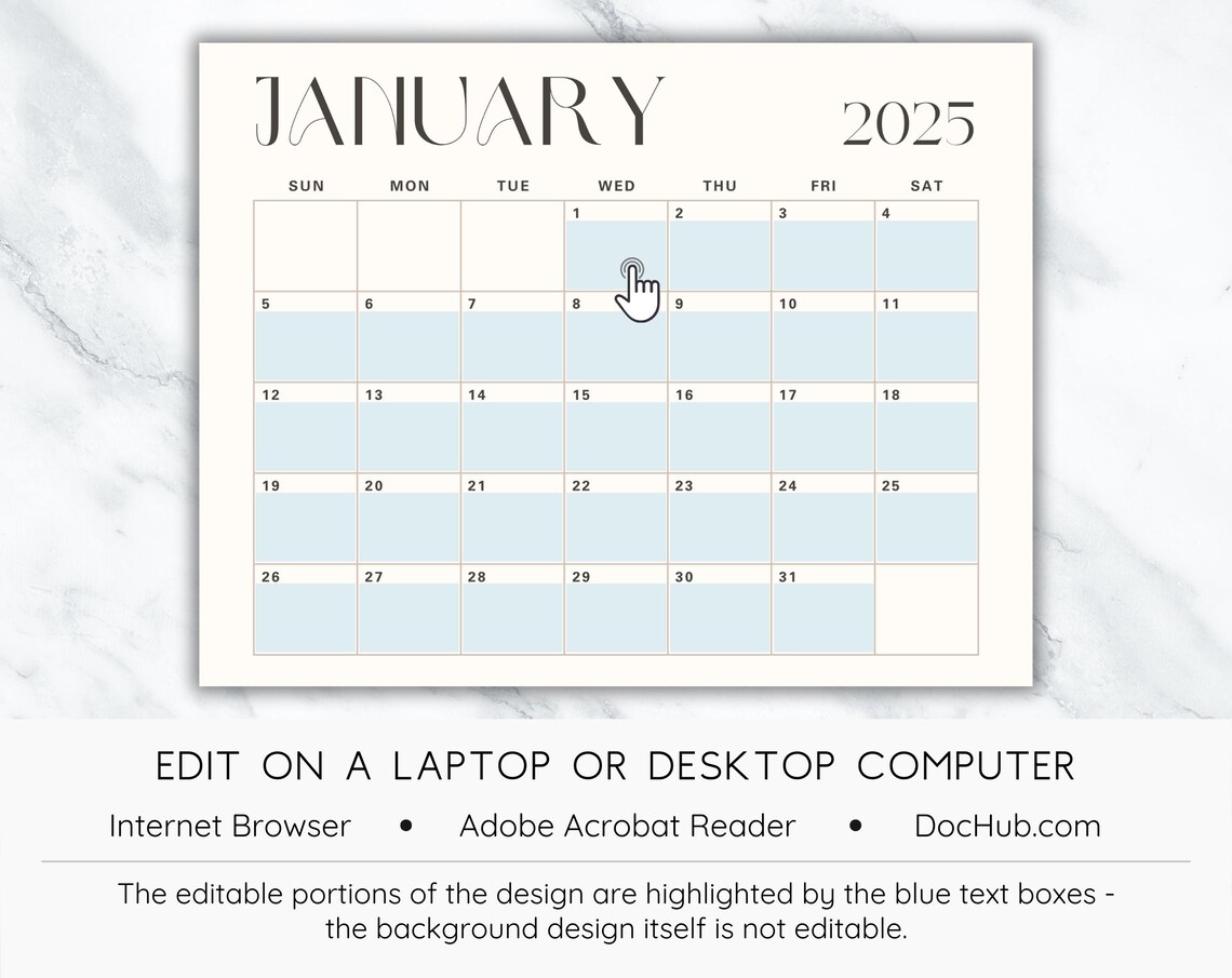 Editable January 2025 Calendar Printable, Simple Modern January 2025 ...