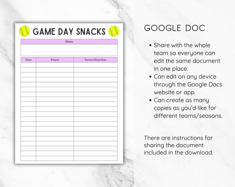 Editable Softball Snack Sign up Sheet, Editable PDF & Google Doc, Game ...