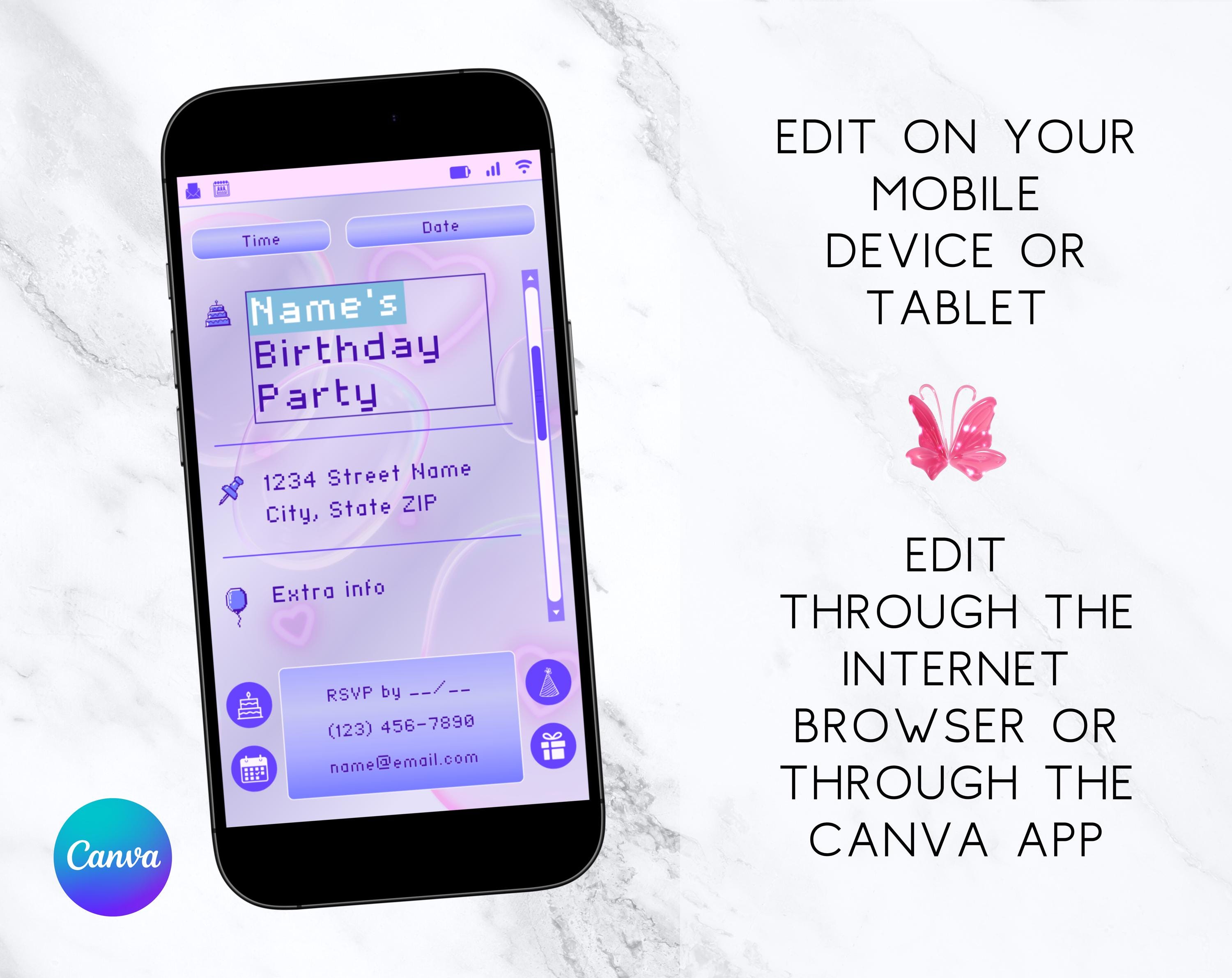 Editable Birthday Invitation Template - Y2K Cybercore, Pink, Purple ...