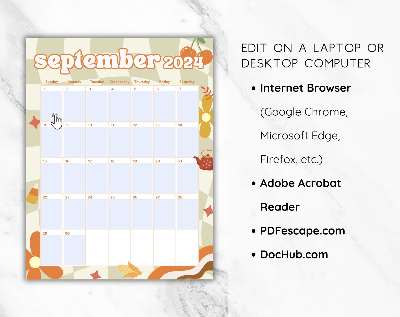 Editable September 2024 Calendar Printable, Retro September 2024 ...
