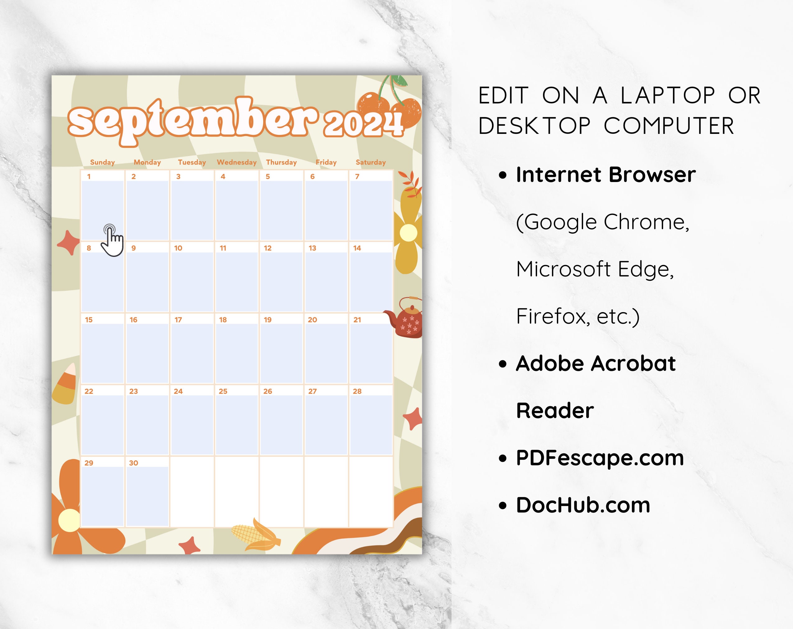Editable September 2024 Calendar Printable, Retro September 2024 ...