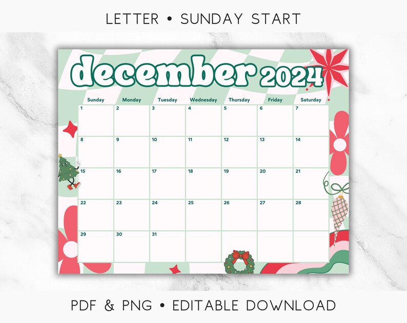Editable December 2024 Calendar Printable, Retro December 2024 ...
