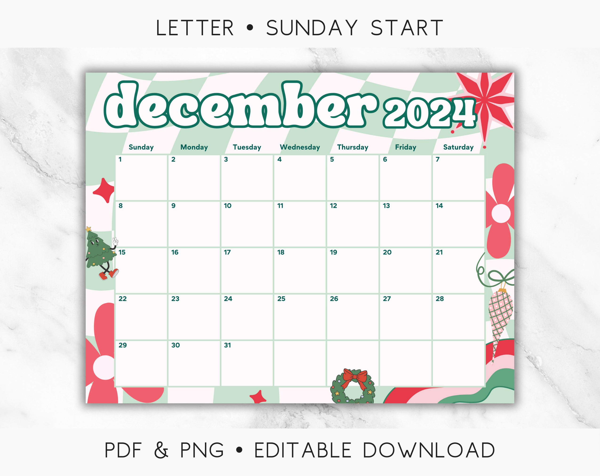 Editable December 2024 Calendar Printable, Retro December 2024 ...