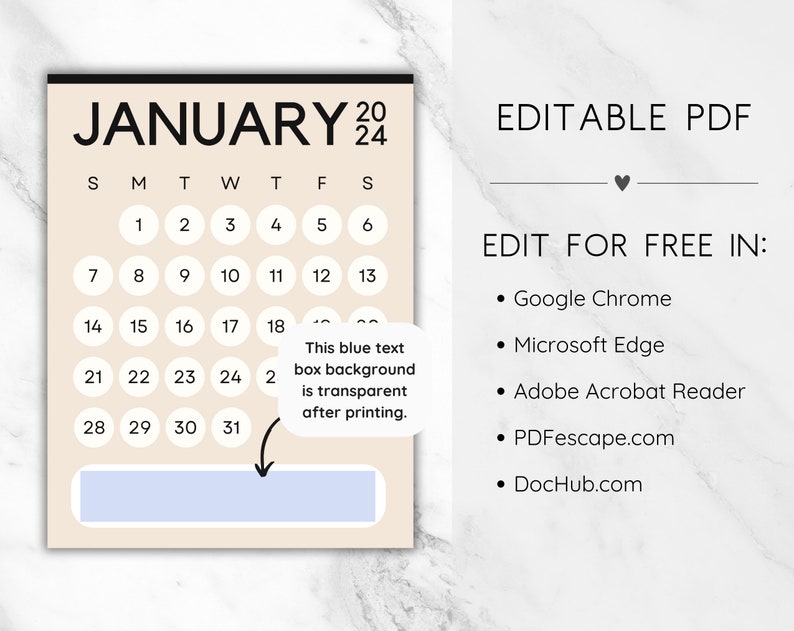 Editable January 2024 Calendar Printable, Preppy January 2024 Printable ...