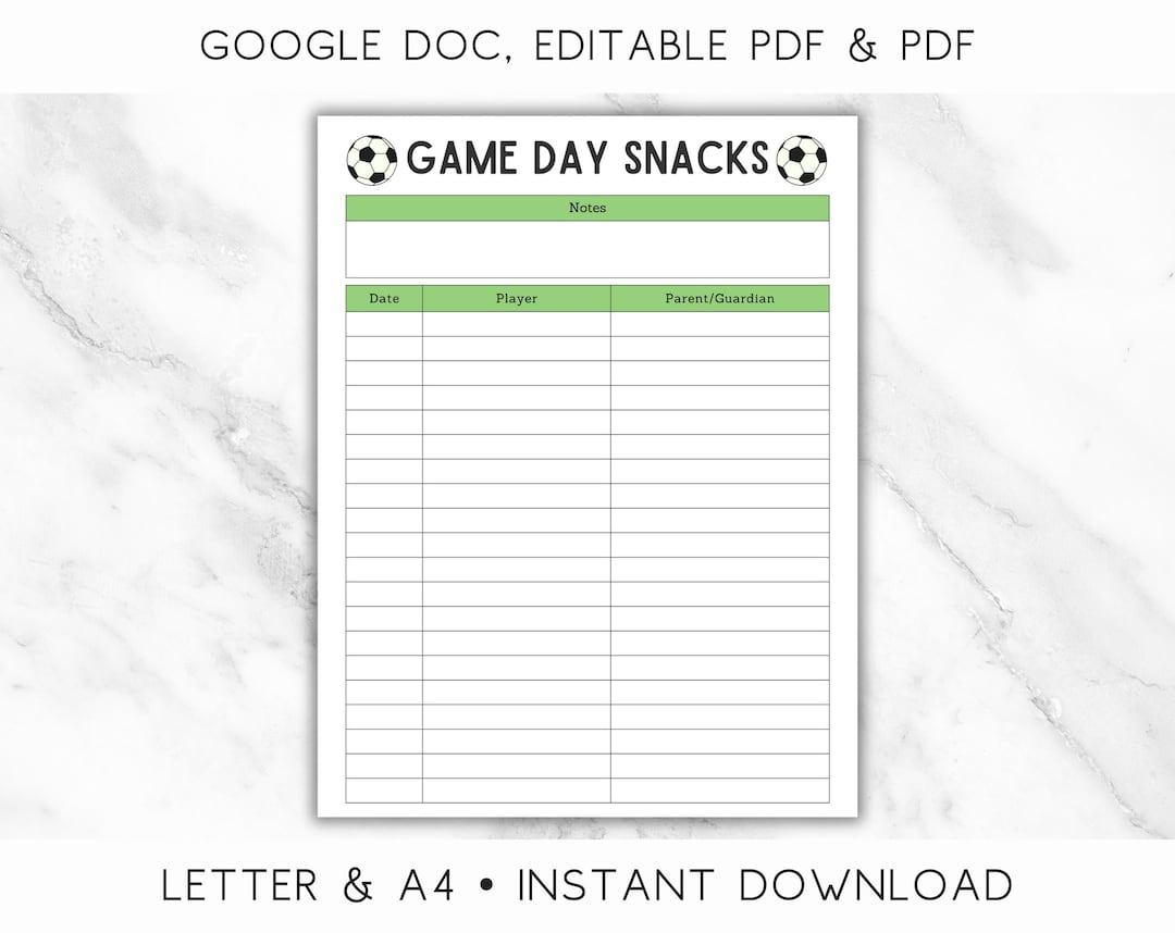 Editable Soccer Snack Sign up Sheet, Google Doc & Editable PDF, Game ...