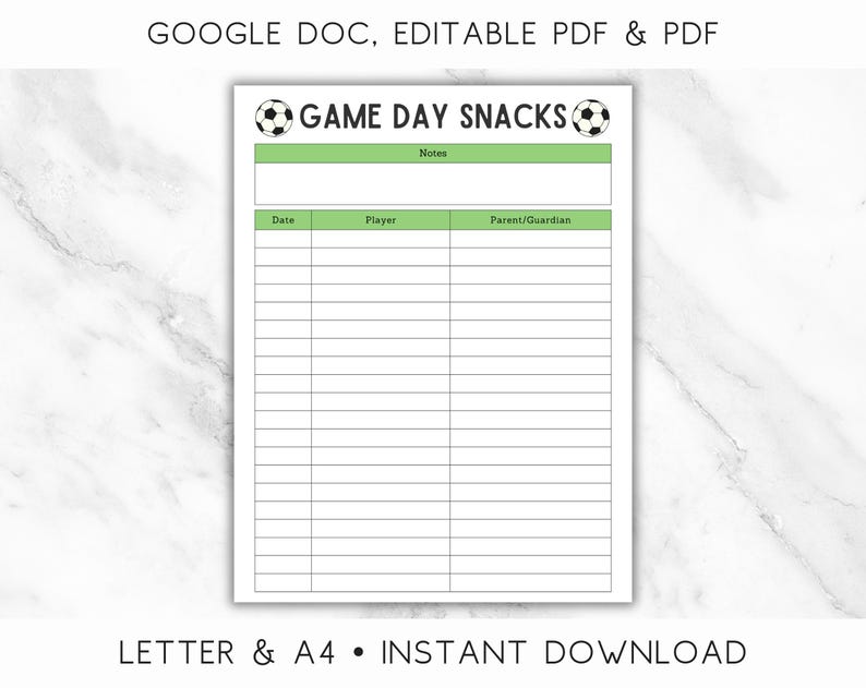 Editable Soccer Snack Sign up Sheet, Google Doc & Editable PDF, Game ...