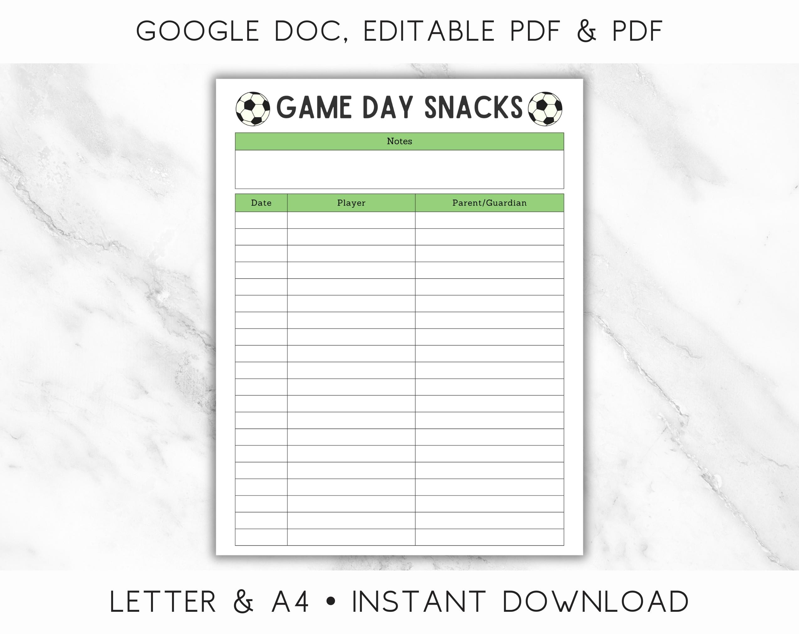 Editable Soccer Snack Sign up Sheet, Google Doc & Editable PDF, Game ...